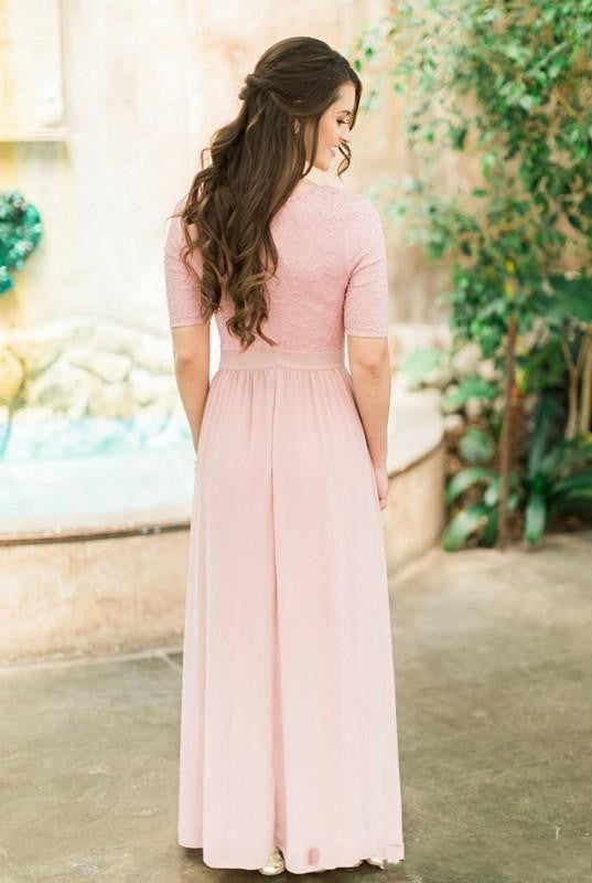 Rose Dusty Lace Chiffon Long Modest Bridesmaid Dresses Tanya Bridal