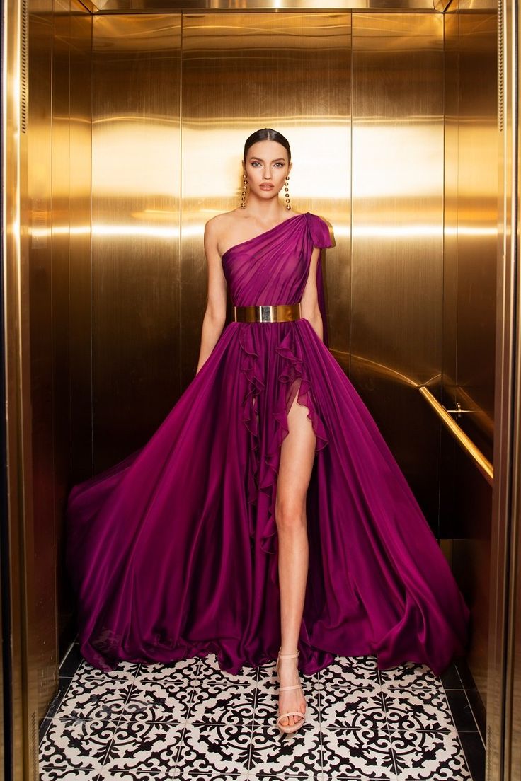 Fuchsia One Shoulder Thin Chiffon One Shoulder High Slit Prom Dresses ...