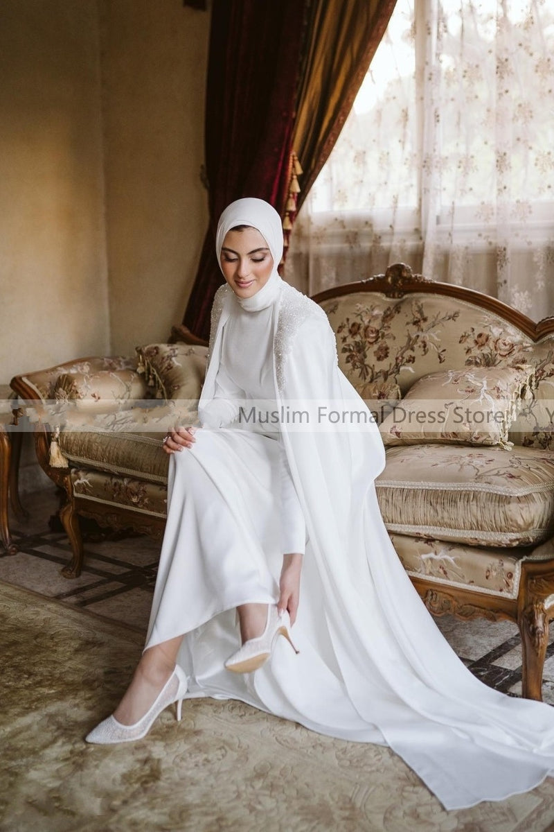 Modest Muslim White Wedding Dresses with Cape – TANYA BRIDAL