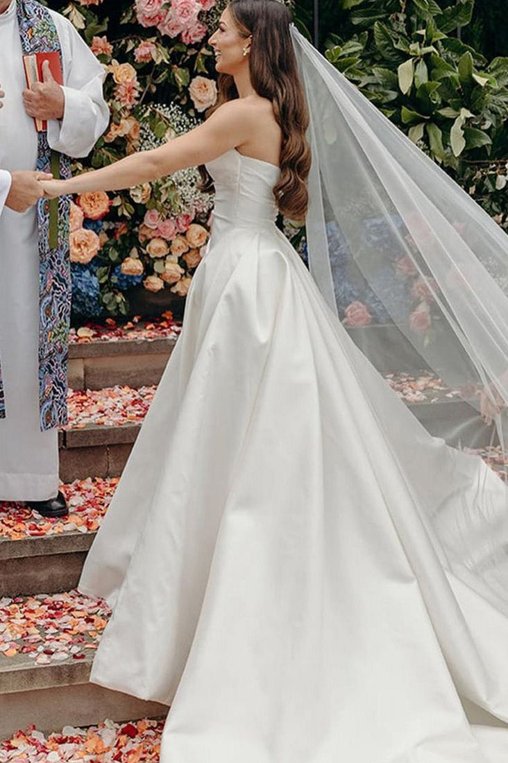 Satin A Line Wedding Gown With Split – TANYA BRIDAL
