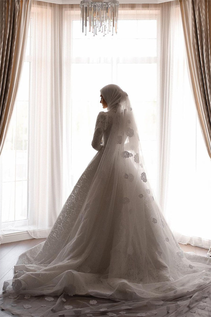 Long Sleeve Lace Muslim Wedding Dress Vintage Bridal Gown – TANYA BRIDAL