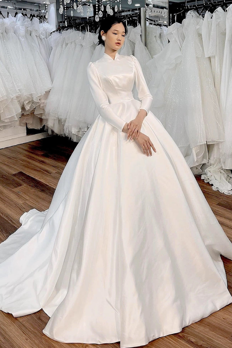 Traditional White Long Sleeves Satin Muslim Wedding Dress With Train ...