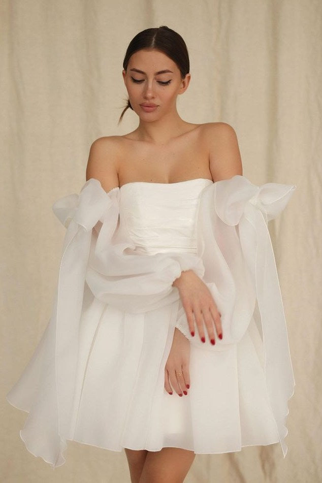 Simple Organza White Homecoming Dress With Detachable Bow Sleeve ...