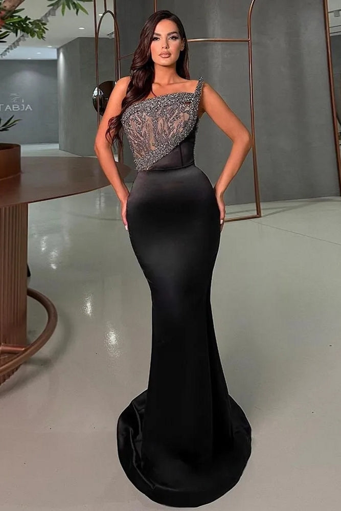 Black Mermaid Beaded Evening Dresses One Shoulder Neckline – TANYA BRIDAL