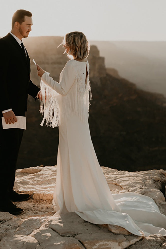 Matte Crepe Long Sleeves Fringed Wedding Dress With Tassels – TANYA BRIDAL