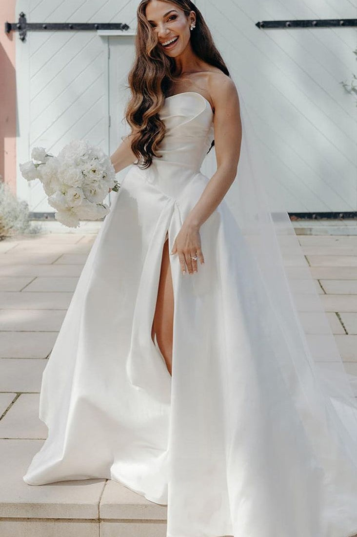 Satin A Line Wedding Gown With Split – TANYA BRIDAL