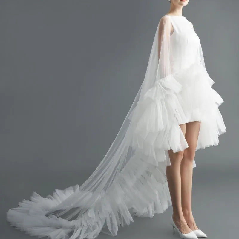 Ruffle Wedding Cape Sheer Long Wedding Cloak With Train – TANYA BRIDAL