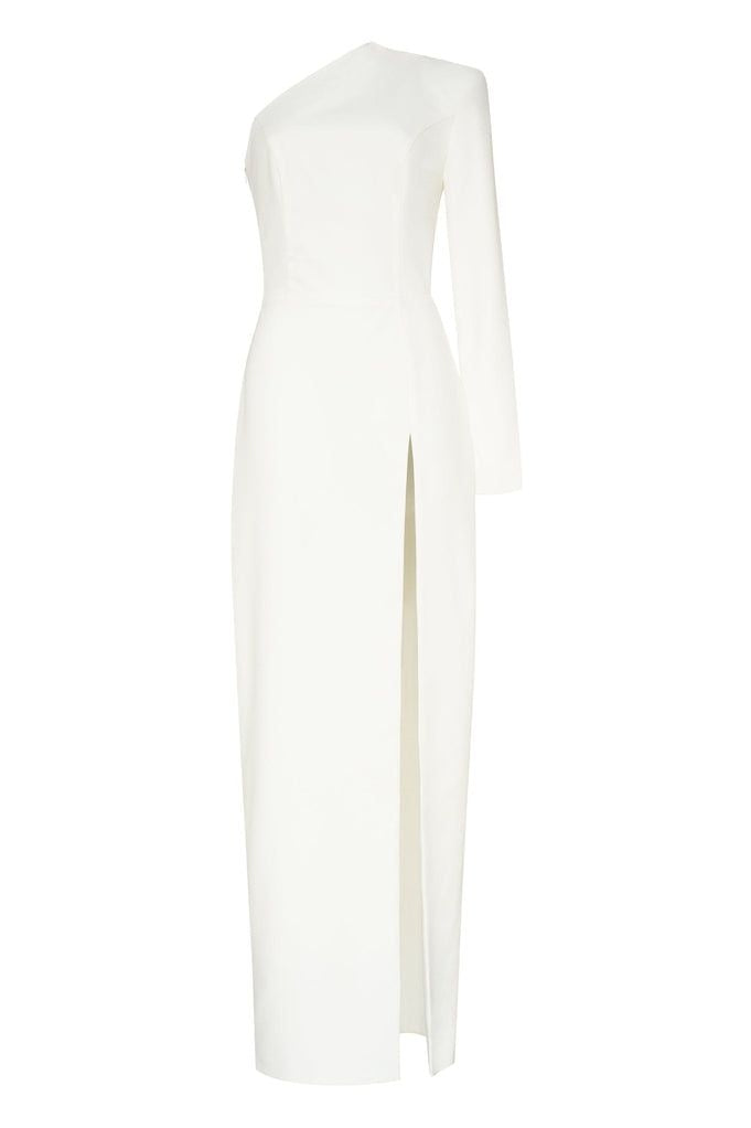 White Long-sleeved Evening Dress With Sharp Shoulder Cut – TANYA BRIDAL