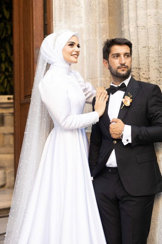 High Collar Full Sleeves Satin Modest Muslim Wedding Dress – TANYA BRIDAL