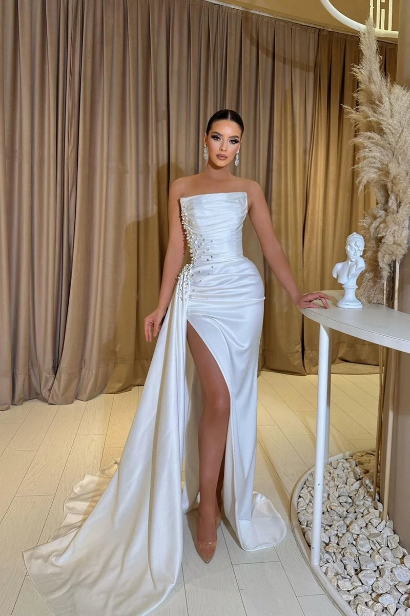 White Strapless Mermaid Prom Dress Pearls With Split Ruffles – TANYA BRIDAL