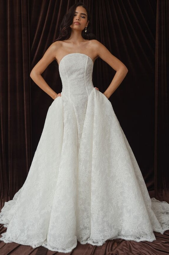 #DZ9472 Strapless A Line Lace Wedding Dress With Buttons Back – TANYA ...