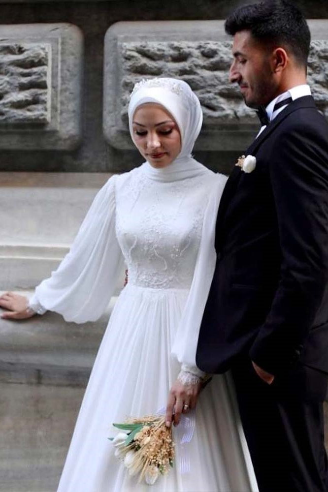 Chiffon Long Muslim Wedding Dress With Lace Beads – TANYA BRIDAL