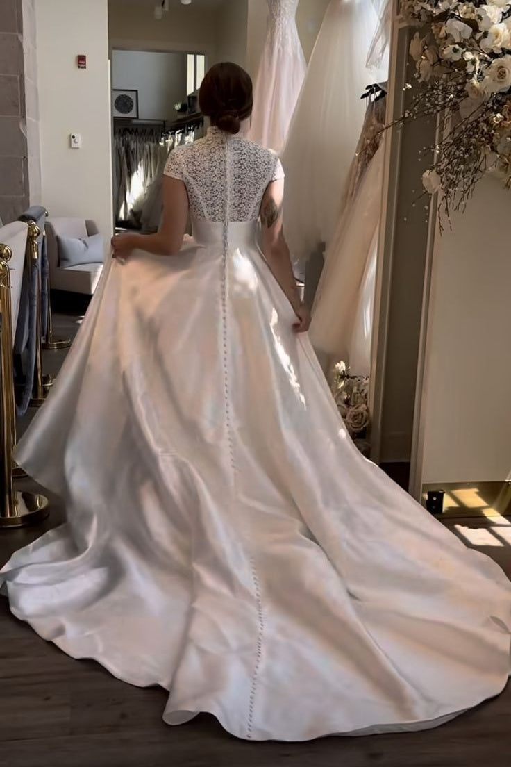 #DZ9473 High Neck A Line Lace Top Satin Wedding Gown – TANYA BRIDAL