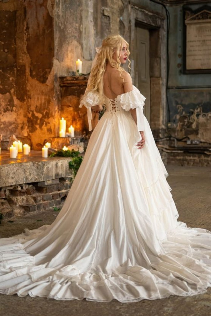 #DZ9470 Elegant Long Taffeta Wedding Dress With Short Sleeves – TANYA ...