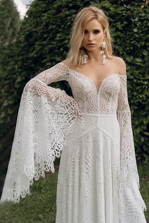 #DZ9348 Flare Sleeves A Line Boho Lace Wedding Dress – TANYA BRIDAL