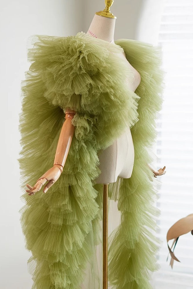 Light Olive Green Plisse Tulle Cape Performance Runway Costumes Outfit ...