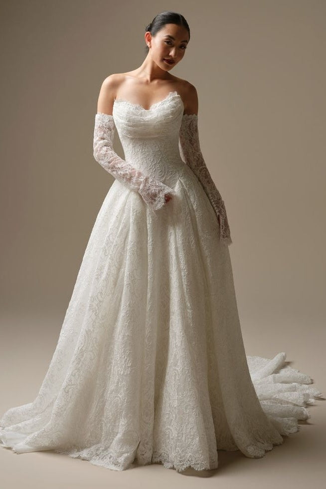 #DZ9471 A Line Lace Wedding Dress With Detachable Sleeves – TANYA BRIDAL