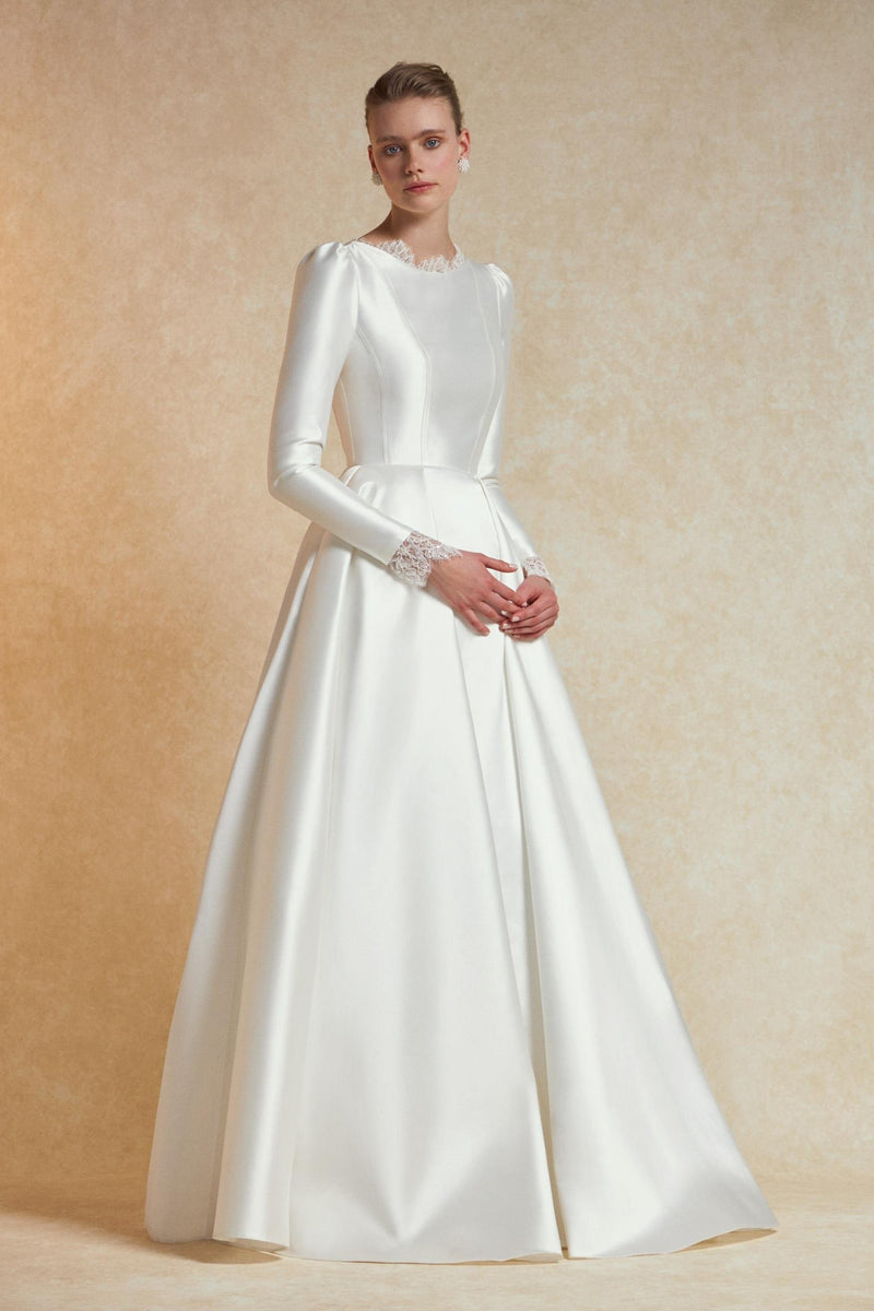 #DZ9475 Mikado Satin Wedding Gown Long Sleeves – TANYA BRIDAL