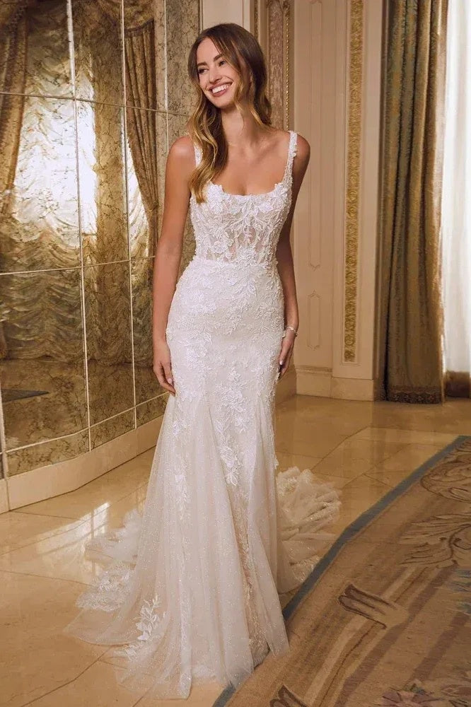#DZ9487 Elegant Mermaid Wedding Dress 2026 Spaghetti Strap Square Neck ...