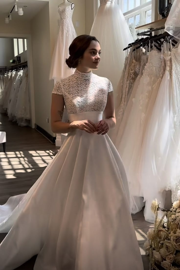 #DZ9473 High Neck A Line Lace Top Satin Wedding Gown – TANYA BRIDAL