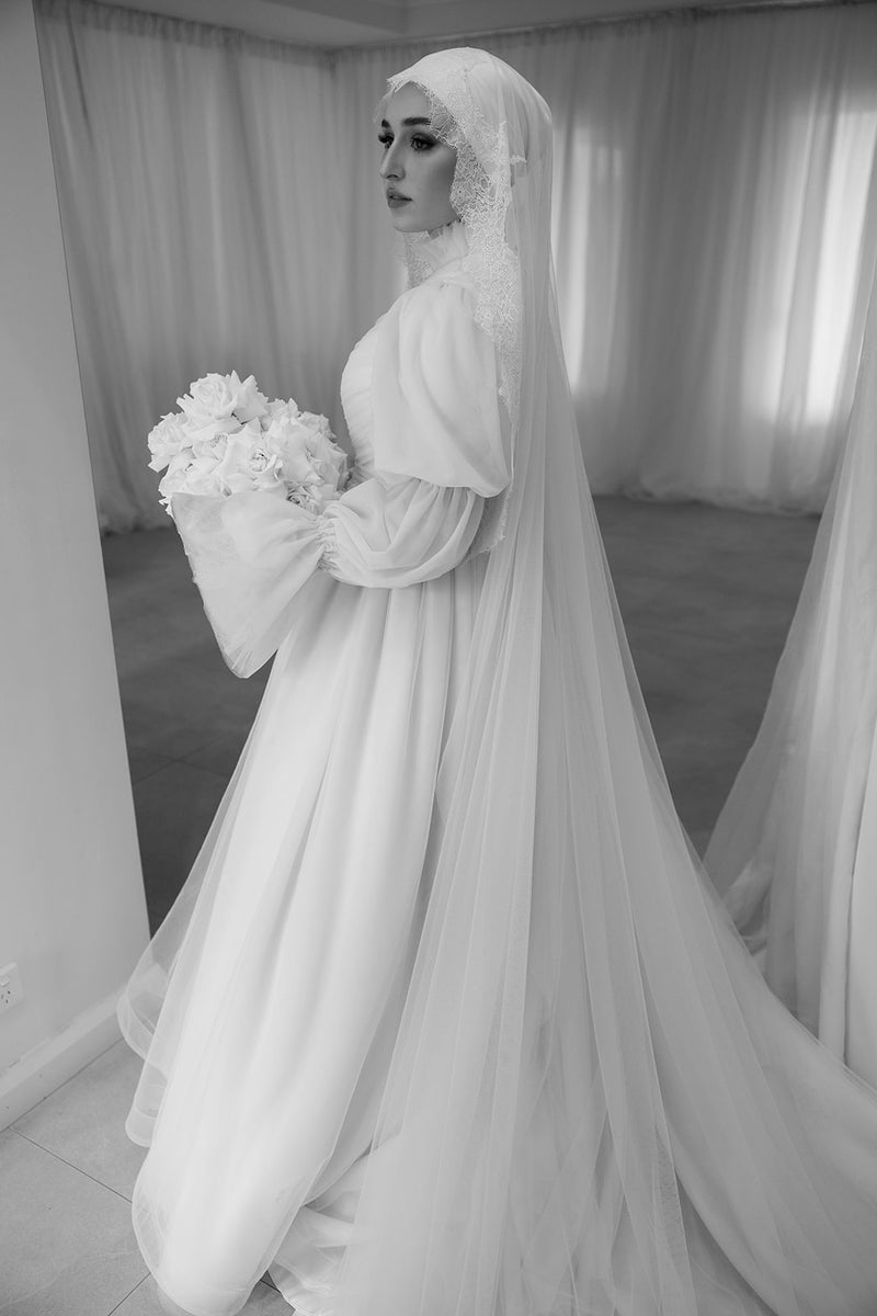 Muslim Wedding Dress High Neck Puffy Long Sleeves Tanya Bridal