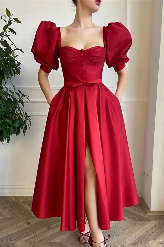 Puff Sleeves A Line Red Homecoming Dress – TANYA BRIDAL