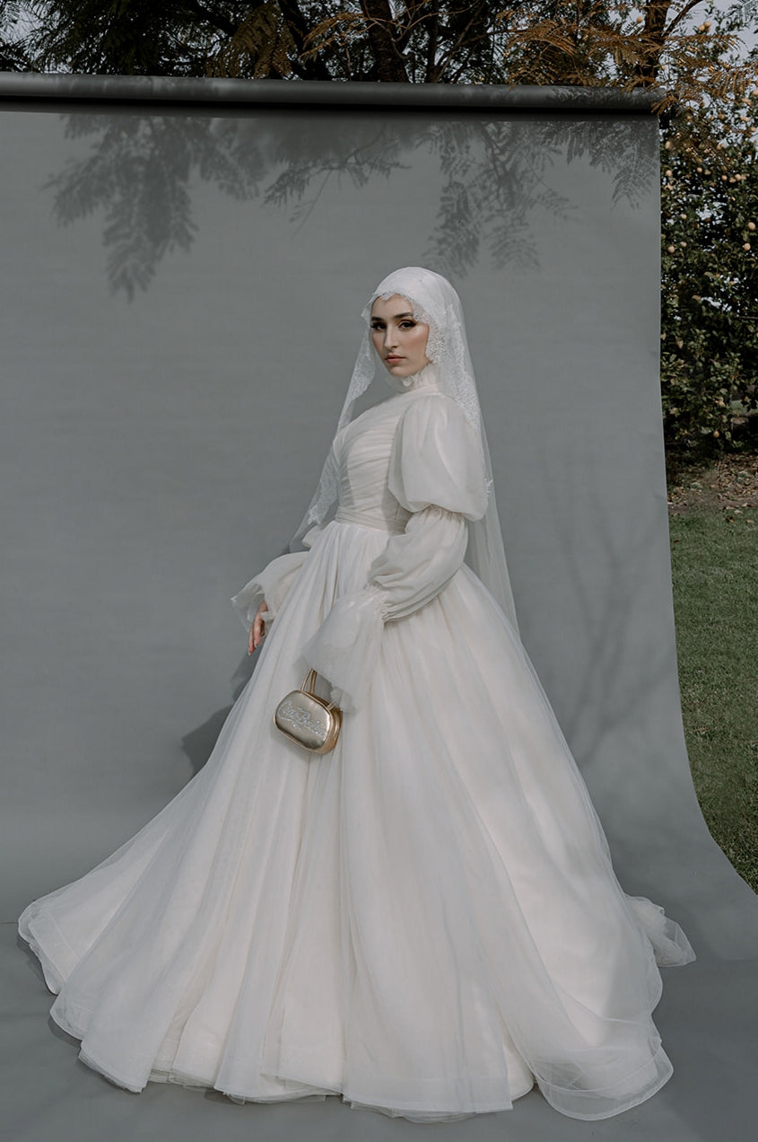 Muslim Wedding Dress High Neck Puffy Long Sleeves Tanya Bridal