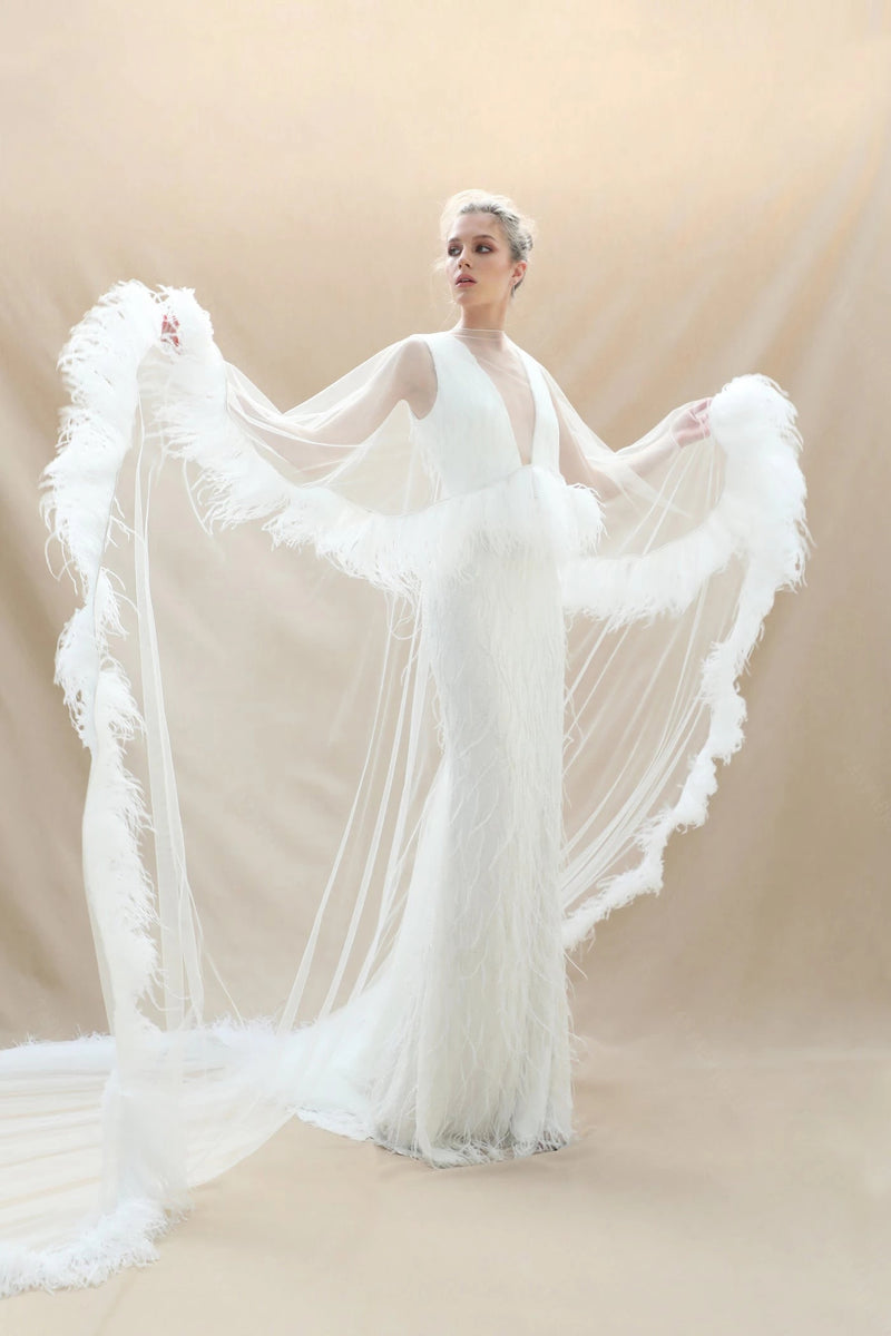 Sheer Tulle Wedding Cape Short Front Long Back With Feather – TANYA BRIDAL