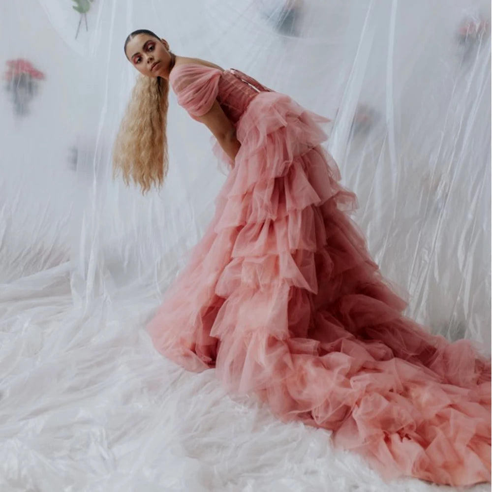 Blush Pink Prom Dress Sweetheart Ruffles Tiered Pleated Tulle Prom Gow ...