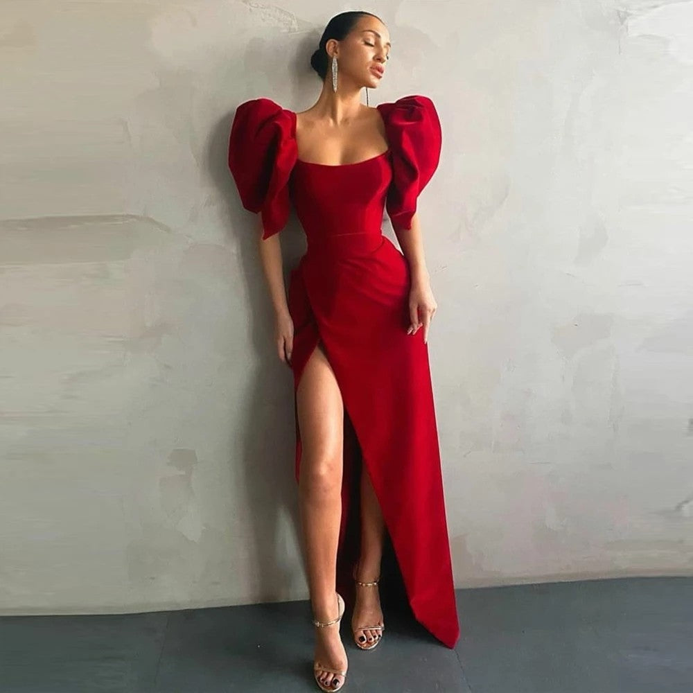 Long Prom Dress Puff Sleeves Square Neck – TANYA BRIDAL