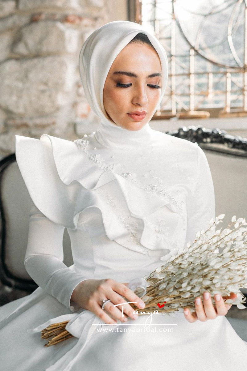 Satin White Muslim Wedding Bridal Dress Long Sleeves DQG1117 – TANYA BRIDAL